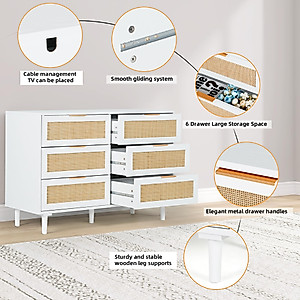 FUQARHY 6 Drawer Dresser Rattan Dresser Modern Chest with Drawers,Wood Storage Closet Dressers Chest of Drawers for Bedroom,Living Room,Hallway (White)