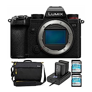 Panasonic LUMIX S5 4K Mirrorless Full-Frame L-Mount Camera (Body Only) Bundle with Camera Bag, Rechargeable Batteries with Dual Charger and 128GB Memory Card (2-Pack) (5 Items)