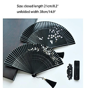 Folding Hand Held Fan for Women Sakura Chinese/Japanese Vintage Retro Style Portable Bamboo Silk Folding Fan Black Fans Gift (Color : Black E)