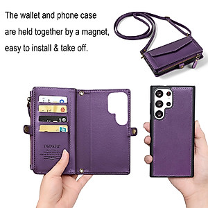 DKDKSIP for Samsung Galaxy S23 Ultra Wallet Case for Women, [Wireless Charging] [RFID Blocking] [12 Card Holder], Leather Detachable Magnetic Strap Phone Case for Galaxy S23 Ultra 6.8", Purple