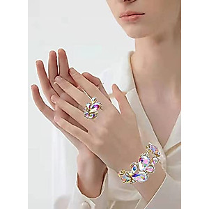 QYJ Women’s Wedding Bridal Austrian Crystal Glass Teardrop Statement Necklace Dangle Earrings Bracelet Ring Wedding Party Jewelry Set for Bridal Bridesmaid (AB Crystal-Gold Plated)