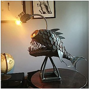 Creative Rustic USB Angler Fish Lamp Shark Lamp Handmade Unique Lamp LED Light,Floor-Standing USB Interface Retro Art Table Lamps (Large)