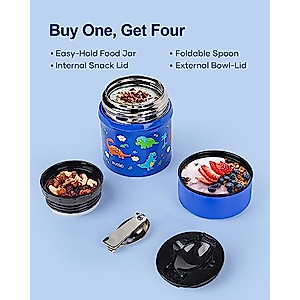 BUZIO Insulated Food Container for Kids Adult, 12oz Stainless Steel Vacuum Insulated Kids Food Jar with Folding Spoon, Leak Proof, Vacuum Insulated Thermo, Portable Food Bowl, Blue Dinosaur