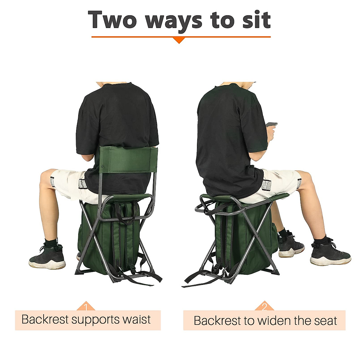 PORTAL Backpack Cooler Chair Fishing Chairs with Backrest Folding Camping Stool Compact for Outdoors Hiking Hunting Travel, Supports 225 lbs Capacity