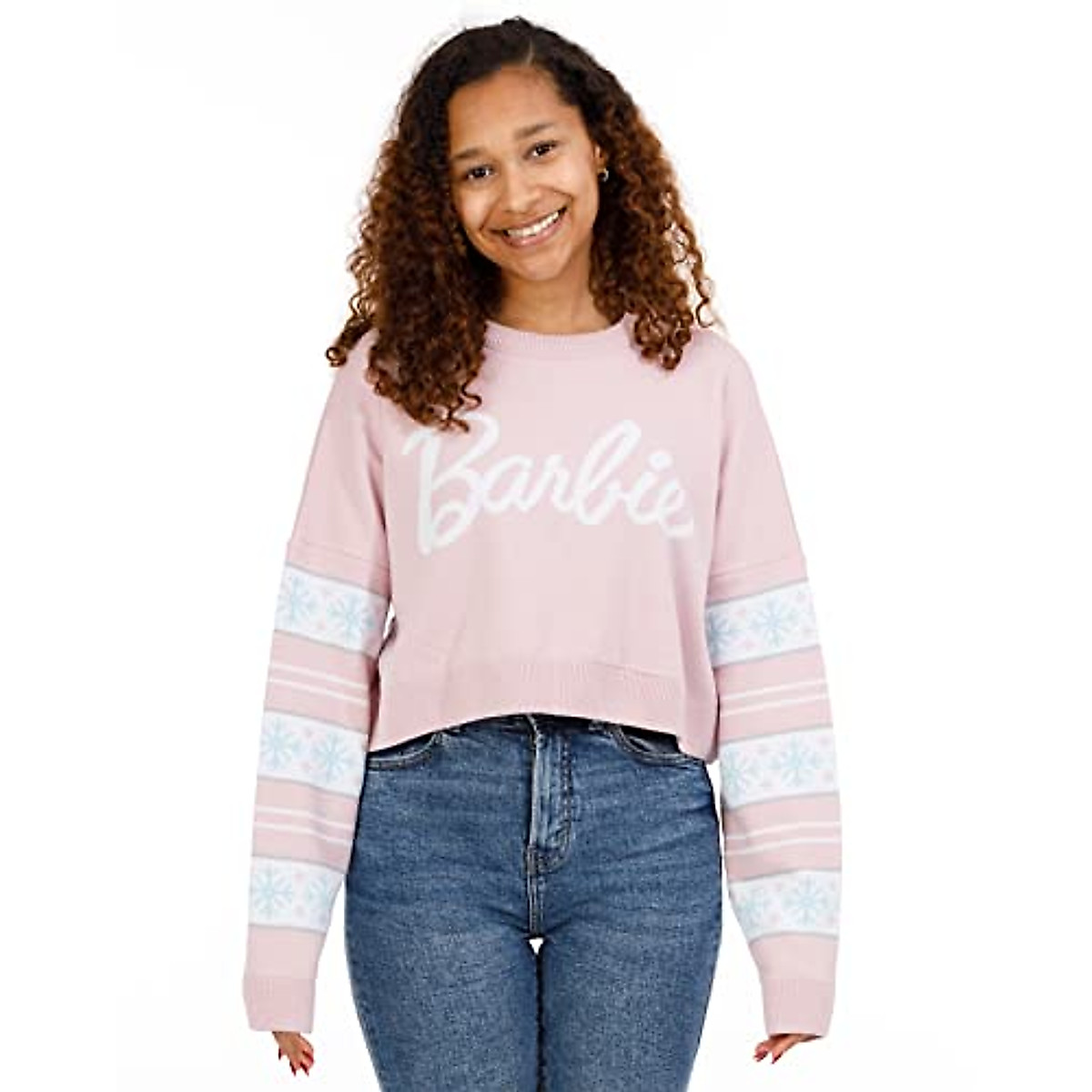 Barbie Cropped Christmas Jumper Womens Snowflakes Fairisle Pink Knitted Sweater X-Large