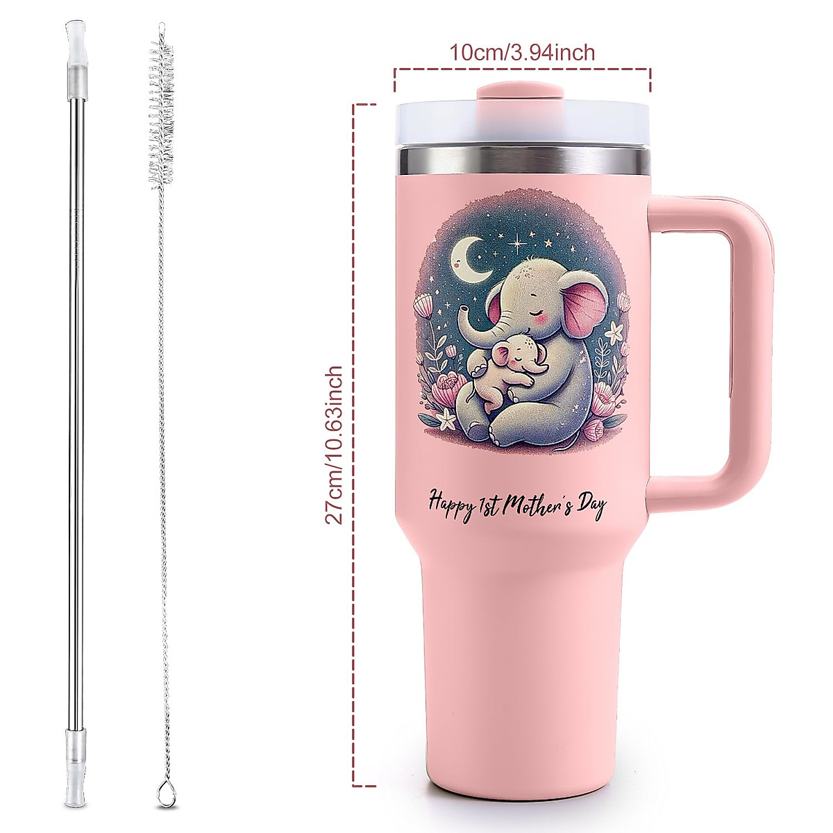 VoziSpace First Mothers Day Gifts – Happy 1st Mother’s Day Tumbler 40oz – Stainless Steel Cup with Lid & Straw – Insulated Coffee Travel Mug for Mom-to-Be, Baby Shower Gifts, New Mom Present