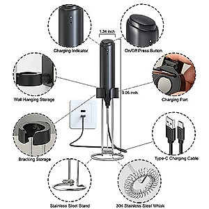 Rechargeable Milk Frother Handheld with Stand and Stencils - Usb Stainless Steel Stand or Wall Hanging for Kitchen Coffee Bar Electric Whisk Hand Blender Mixer for Latte Cappuccino Egg Protein Powder