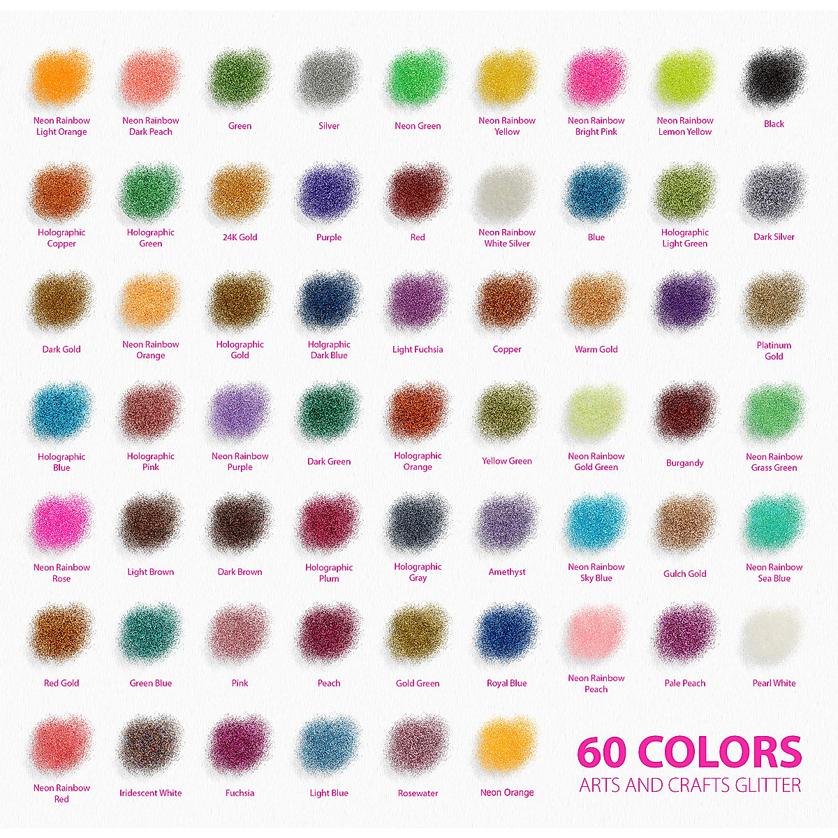 Extra Fine Glitter Set of 60 Vibrant Colors | Color Powder in Leak-Proof Shaker Jars (0.32oz/9g) | Arts & Crafts Glitter Kit Glows Under UV Light | Use for Projects, Slime, Nails, Body, Face & More