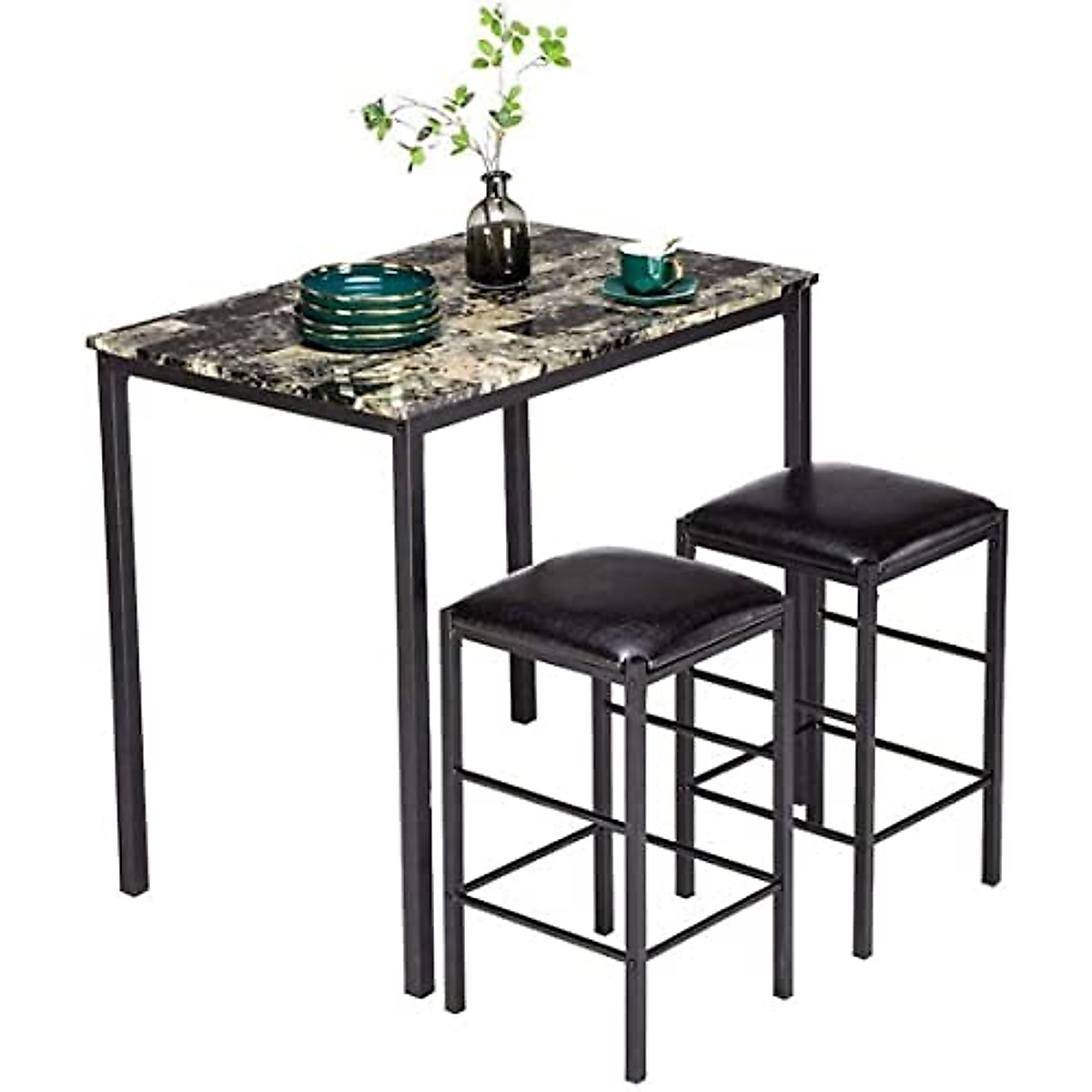 Dining Chair Modern Classic Black Style 3 PCS Counter Height Set Table 2 Kitchen Bar Furniture Thick Sturdy Suitable for Your Luxury Place Elegant Touch Stylish Dinner Room Home Office Restaurant QZPU