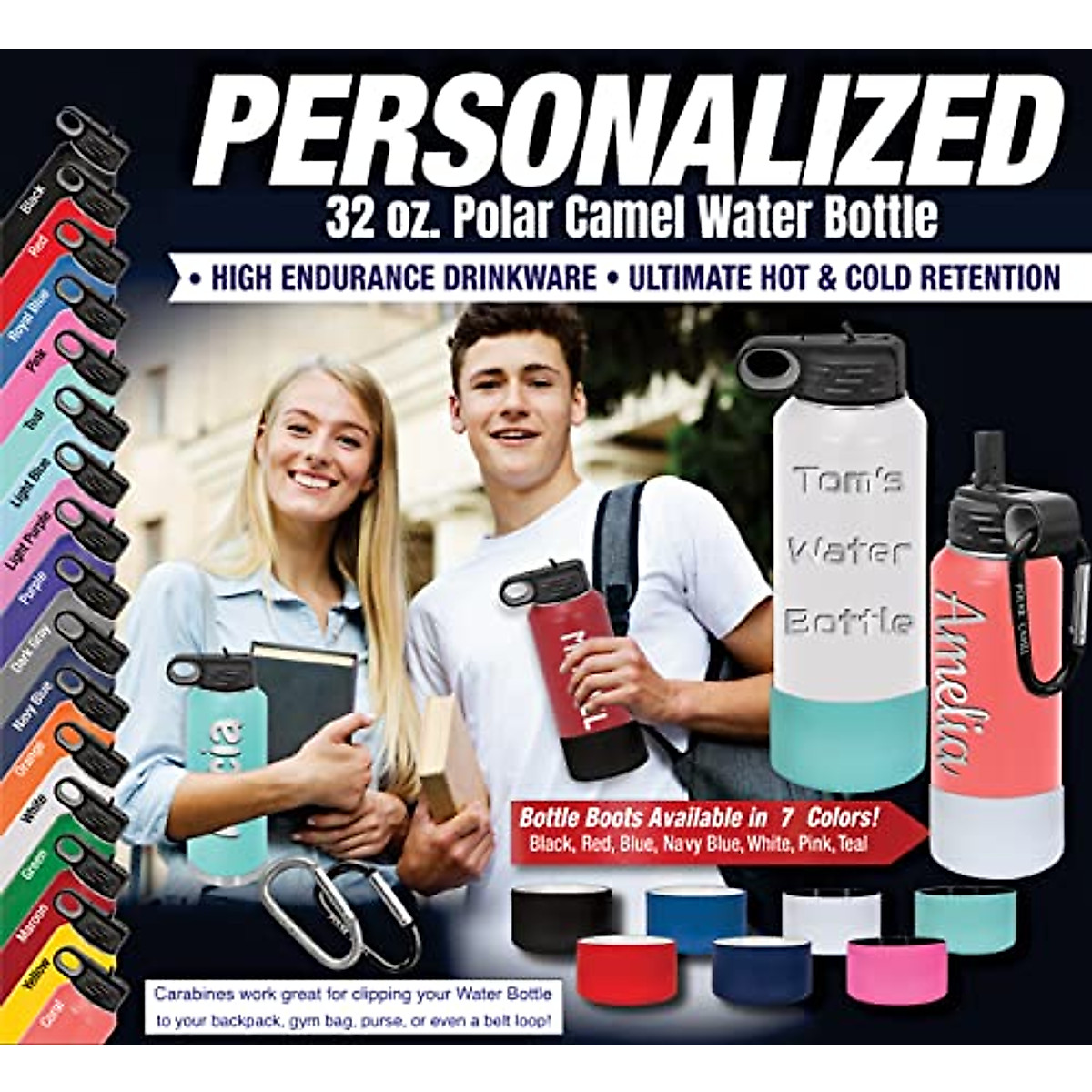 Polar Camel Personalized Water Bottles 32oz with Flip-Top Lid and Straw, Customized Vacuum Insulated Flask, Stainless Steel Sports Double Wall Thermos, Your Logo Name and Text Engraved in USA(Coral)