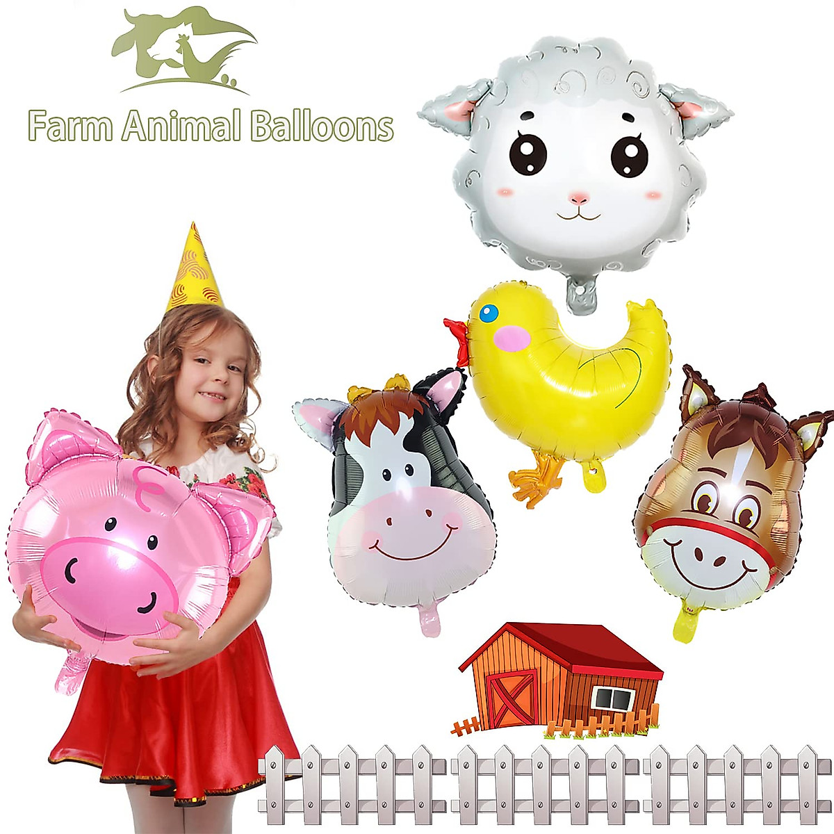 5 PCS Farm Animal Balloons, Farm Birthday Party Decorations Cow Donkey Sheep Pig Chicken Foil Mylar Birthday Balloons for Wedding Baby Shower Farm Party Supplies