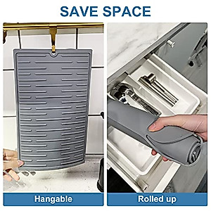 Yatmung Collapsible Silicone drying mat for Kitchen Counter - Non-Slip dish drying pad with hook and retaining band - Foldable design ( 24" x 13" ) to（ 8" x 13" ）- Large rubber rack mat（ Grey ）