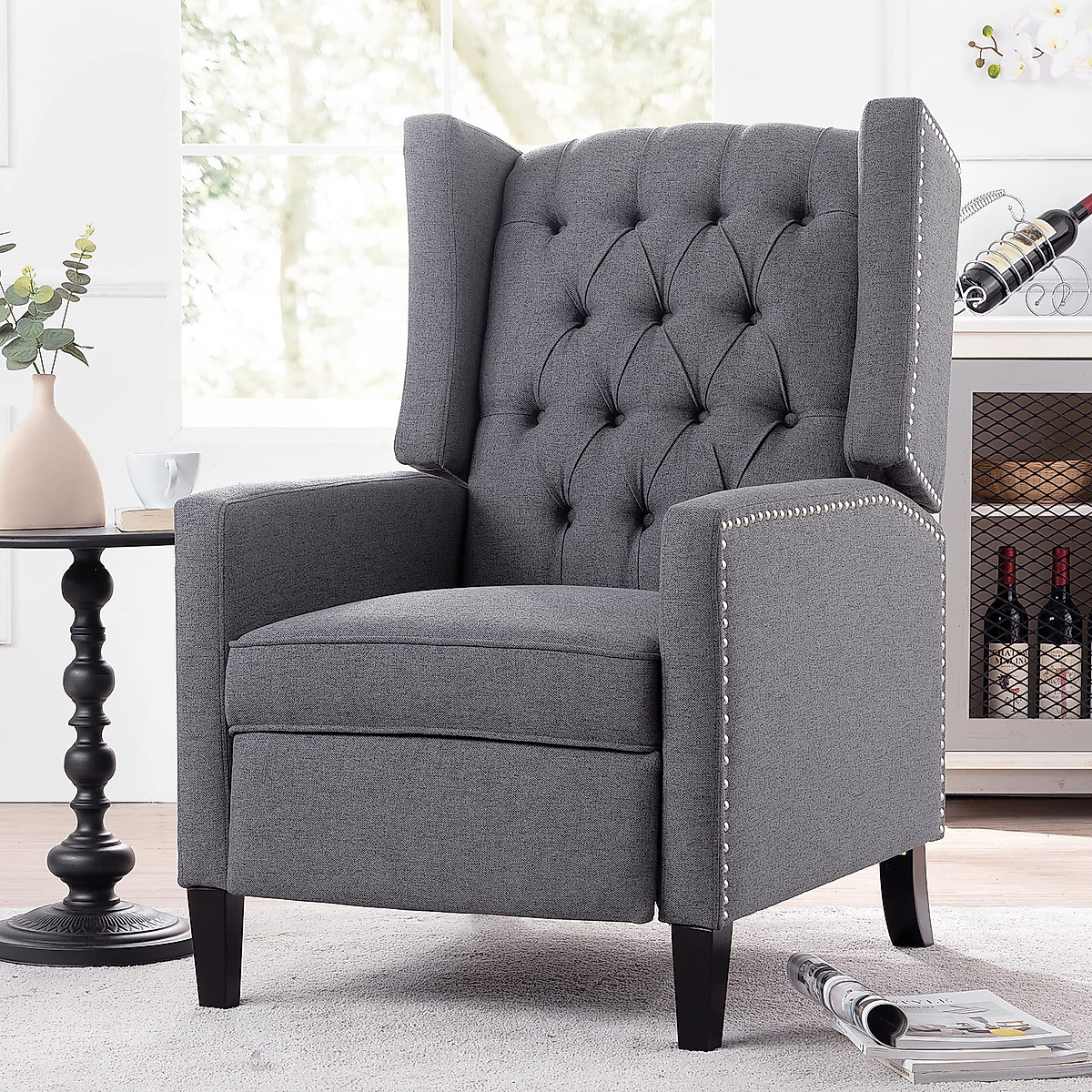 Pushback Recliner Chair,Comfy Wingback Recliner Sofa Chair with Adjustable Backrest,Tufted Fabric Accent Armchair with Vintage Rivets Trim for Living Room Office Home Theater (Gray-New)