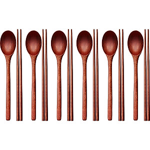 Wooden Spoon and Chopsticks Set Long Handle Spoon Chopstick Flatware Reusable Tableware Combination Utensils for Eating Food, 9.3 Inch (12)