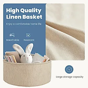 DUMOS Small Round Side End Table, Modern Nightstand with Fabric Storage Basket, Bedside Table for Living Room Bedroom (White & Beige