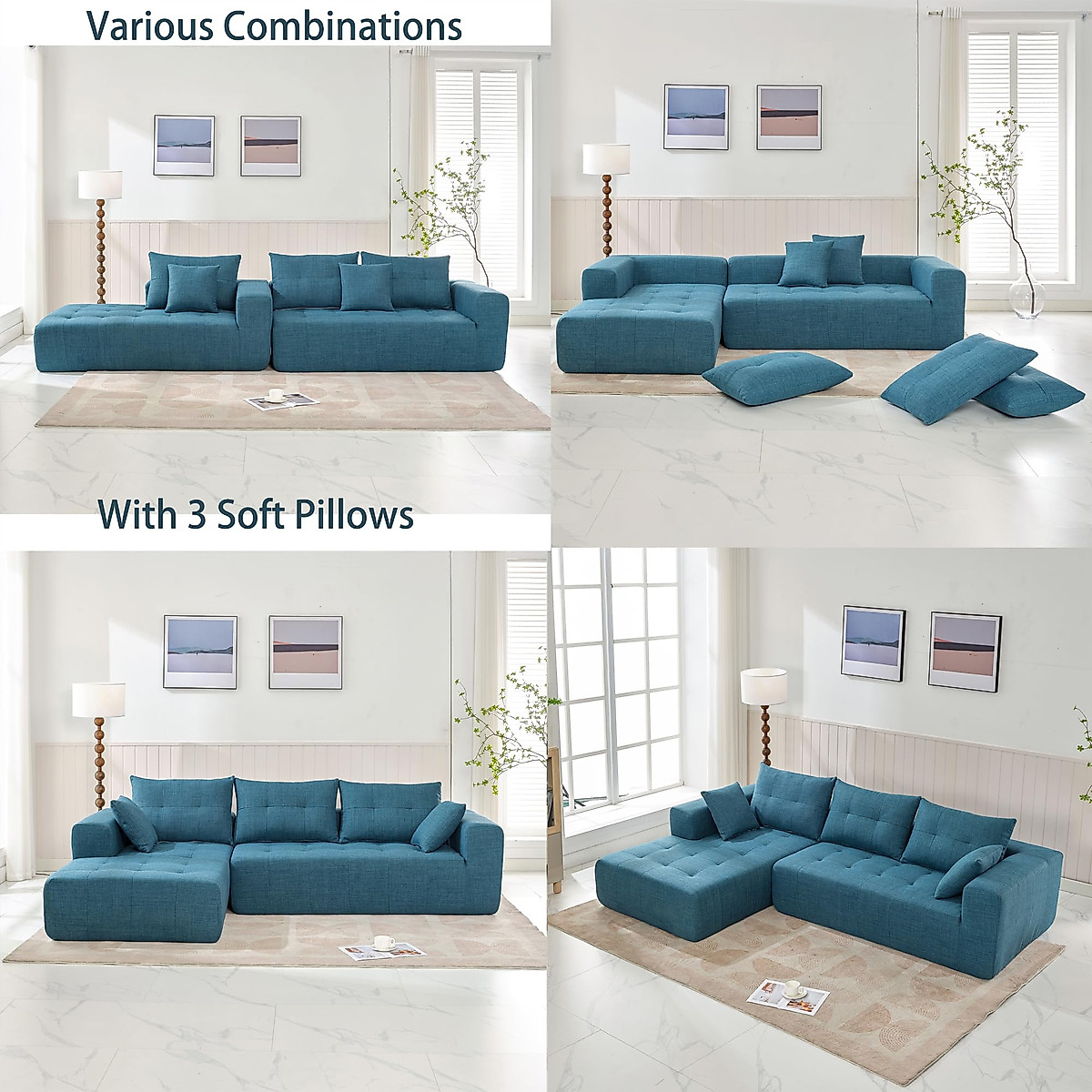 110" Cloud Modular Sectional Sofa, Linen L-Shape Freedom Combination Sofa with Reversible Chaise, Comfy Deep Seat Floor Living Room Sofa Couch with 3 Pillows for Apartment Office (Blue)