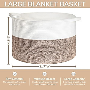 TIMEYARD Large Storage Basket, 21.7'' x 13.8'' Cotton Rope Blanket Basket Living Room Toy Baskets Storage Kids, Nursery Laundry Baskets for Dirty Clothes Pillows Towel, 90L White & Brown