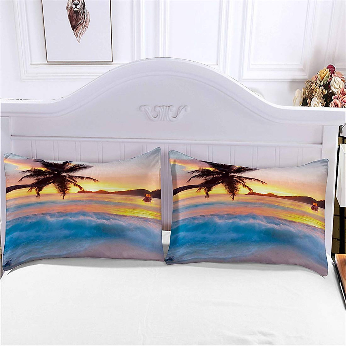 Ocean Duvet Cover Set Queen Size, Tropical Island with The Palm Trees and Sea Beach Nature Theme Print, A Decorative 3 Piece Bedding Set with 2 Pillow Shams, Turquoise Blue