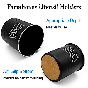 CHEODIN 2 Pack Kitchen Utensil Holders, 6.7"+ 4.7" Utensil Hodler for Countertop, Cooking Utensil Crock with Cork Bottom, Modern Farmhous Kitchen Decor, Black