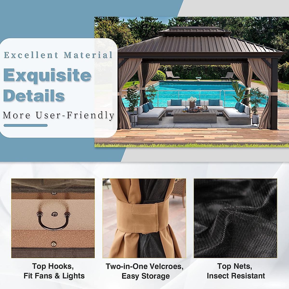 MELLCOM 12'x16' Hardtop Gazebo, Galvanized Steel Metal Double Roof Canopy with Curtains and Netting, Brown Permanent Pavilion Gazebos with Aluminum Frame for Patio, Lawn & Garden