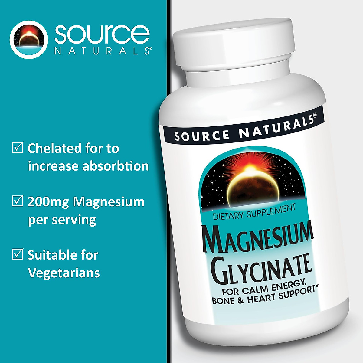 Source Naturals Magnesium Glycinate, for Calm Energy, Bone & Heart Support*, 200 mg per Serving - 120 Tablets