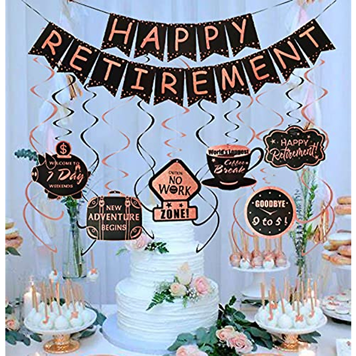 Retirement Party Decorations for Women Black Rose Gold Happy Retirement Banner and Swirls with Rose Gold Confetti Balloons Kit for Female Retirement Decor