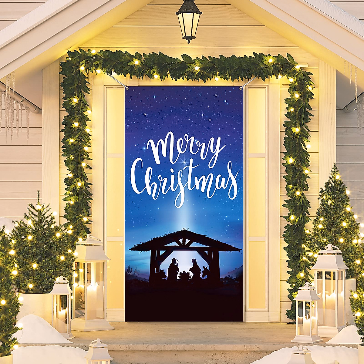 Christmas Door Decoration Merry Christmas Jesus Door Cover Holy Night Christ Born Photography Background Xmas Baptism Front Door Banner Shepherd Santa Mary Starry Backdrop Party Supplies