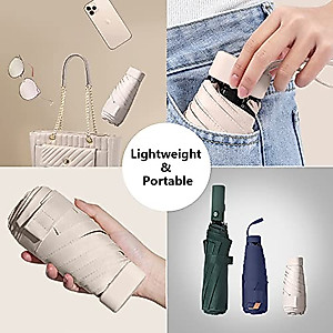 ESUFEIR Mini Travel Sun Umbrella for Purse With Case,Small Compact UV Umbrella Protection Sun,Lightweight Portable Parasol Umbrella Windproof for Women Men Kids (Beige)