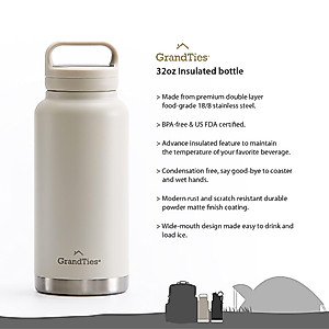 GRANDTIES 2 Lids Sports Stainless Steel Water Bottles – Wide Mouth Vacuum Insulated Reusable Leak Proof BPA-Free Travel Metal Canteen, Thermos Bottles for Men Women Gym (Ivory White 32 oz)