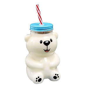 Kawaii Bear Sippy Cup 19oz Clear Bear Glass Cup with Lid and Straw Cute Kawaii Bear Glass Bottle Mug for Juice Milk Tea Smoothies Infused Water Beverage Food Grade Microwave Safe (Smiling Bear)