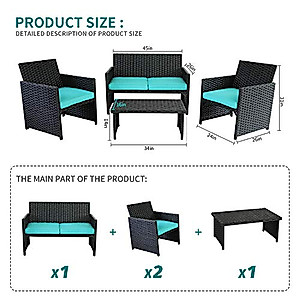 Valita 4-Piece Wicker Furniture Set Outdoor Patio Rattan Conversation Sofa & Armchair with Table Turquoise Cushion