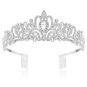 Makone Crystal Queen Crowns and Tiaras with Comb Headband for Women and Girls, Princess Crowns Hair Accessories for Wedding Birthday Halloween Costume Cosplay (01 Silver)