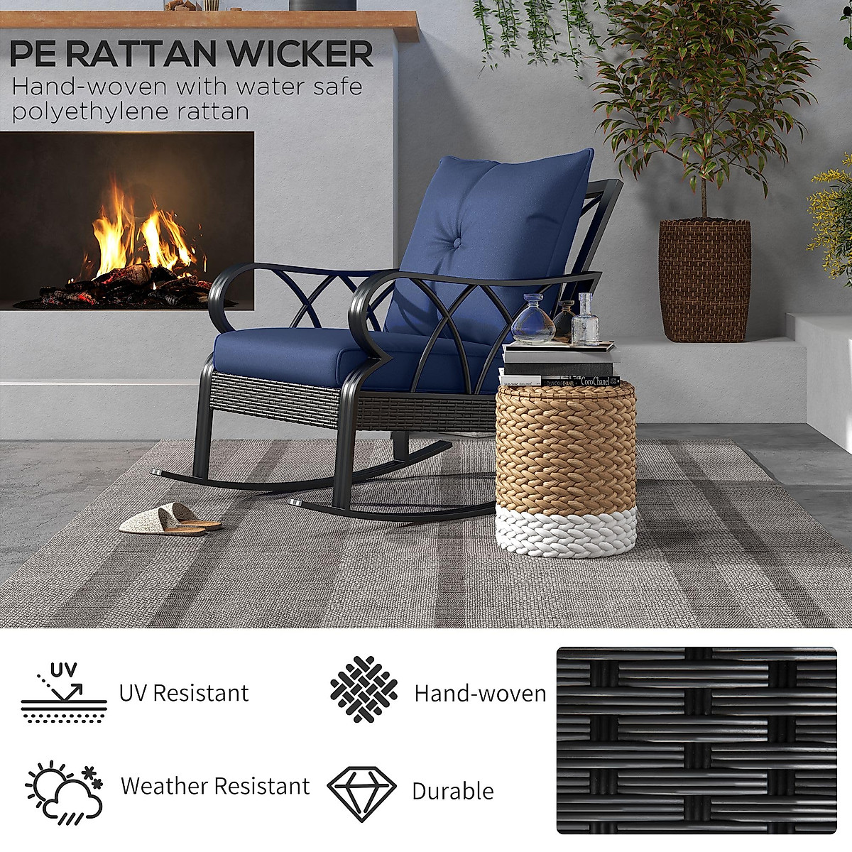 Outsunny Outdoor Wicker Rocking Chair with Padded Cushions, Aluminum Furniture Rattan Porch Rocker Chair w/Armrest for Garden, Patio, and Backyard, Navy Blue