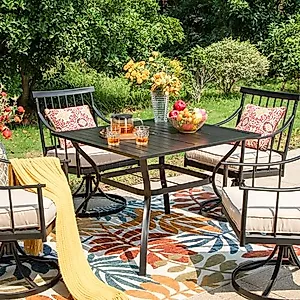 PHI VILLA 37" Patio Table for 4, Metal Outdoor Dining Table with E-Coating, Square Steel Slated Outdoor Table with 1.57" Umbrella Hole for Garden Backyard, Black