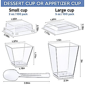 Mimorou 200 Pieces 5 oz and 2 oz Dessert Cups with Lids and Spoons, Clear Plastic Parfait Appetizer Cup Set Small Square Dessert