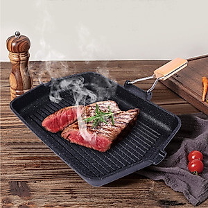 CAMPMAX Grill Pan with Folding Handle, Non-stick Grill Pan for Stove Tops, Induction Compatible KBBQ Grill Pan 14.5x9.9”