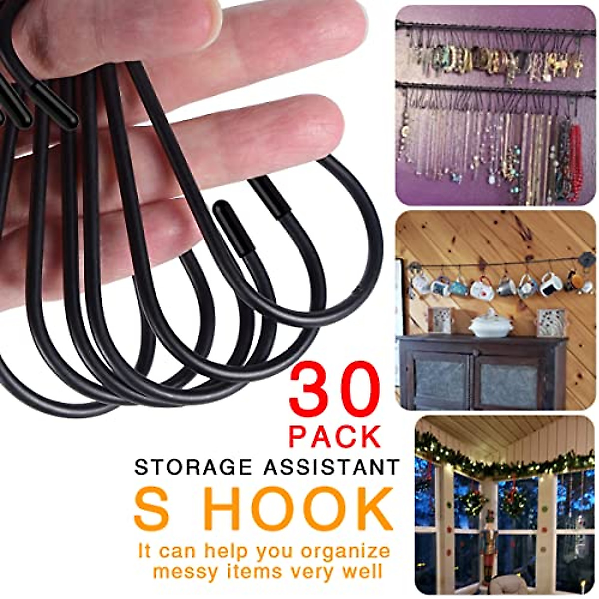 30 Pack S Hooks,3.54 In Matte Black Heavy Duty Metal S Hooks Can with Stand up to 33 pounds,For Kitchen,Office,Garden or Outdoor,S Hooks For Hanging Plants,clothes,Pots Pans,Cups,Bags, jewelry,Towels