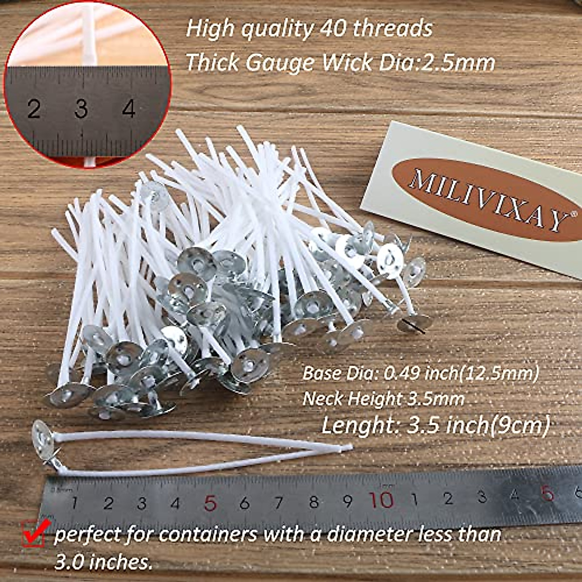 MILIVIXAY 3.5 inch Candle Wick Bundle: 100PCS Candle Wicks, 100PCS Candle Wick Stickers and 6PCS Wooden Candle Wick Holders - Wicks Coated with Paraffin Wax, Cotton Wicks Kits for Candle Making.