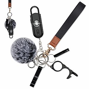 Safety Keychain Set for Women with Personal Safety Alarm, Safety Keychain Accessories with Security Alarm Keychain with Strobe LED Light, Hand Wrist Lanyard Key Chain Holder, Cute Pom Pom and Whistle