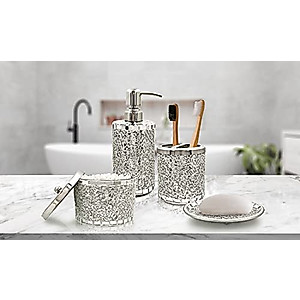 LushAccents Bathroom Accessories Set, 4-Piece Decorative Glass Bathroom Accessories Set, Soap Dispenser, Soap Tray, Jar, Toothbrush Holder, Elegant Silver Mosaic Glass