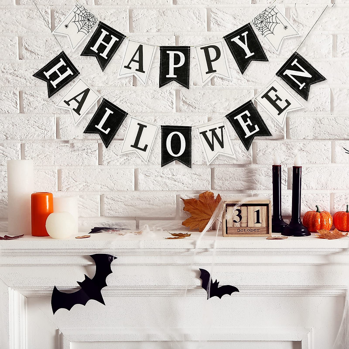 Whaline 2Pcs Happy Halloween Burlap Banner White Black Halloween Party Banner Holiday Hanging Bunting Garland Sign for Halloween Party Supplies Fireplace Wall Porch Decors Photo Prop