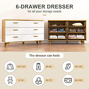 Vibe & Dine 6 Drawer Dresser, White Wooden Dresser for Bedroom, Wide Chest of Drawers with Solid Wood Handles and Legs for Living Room