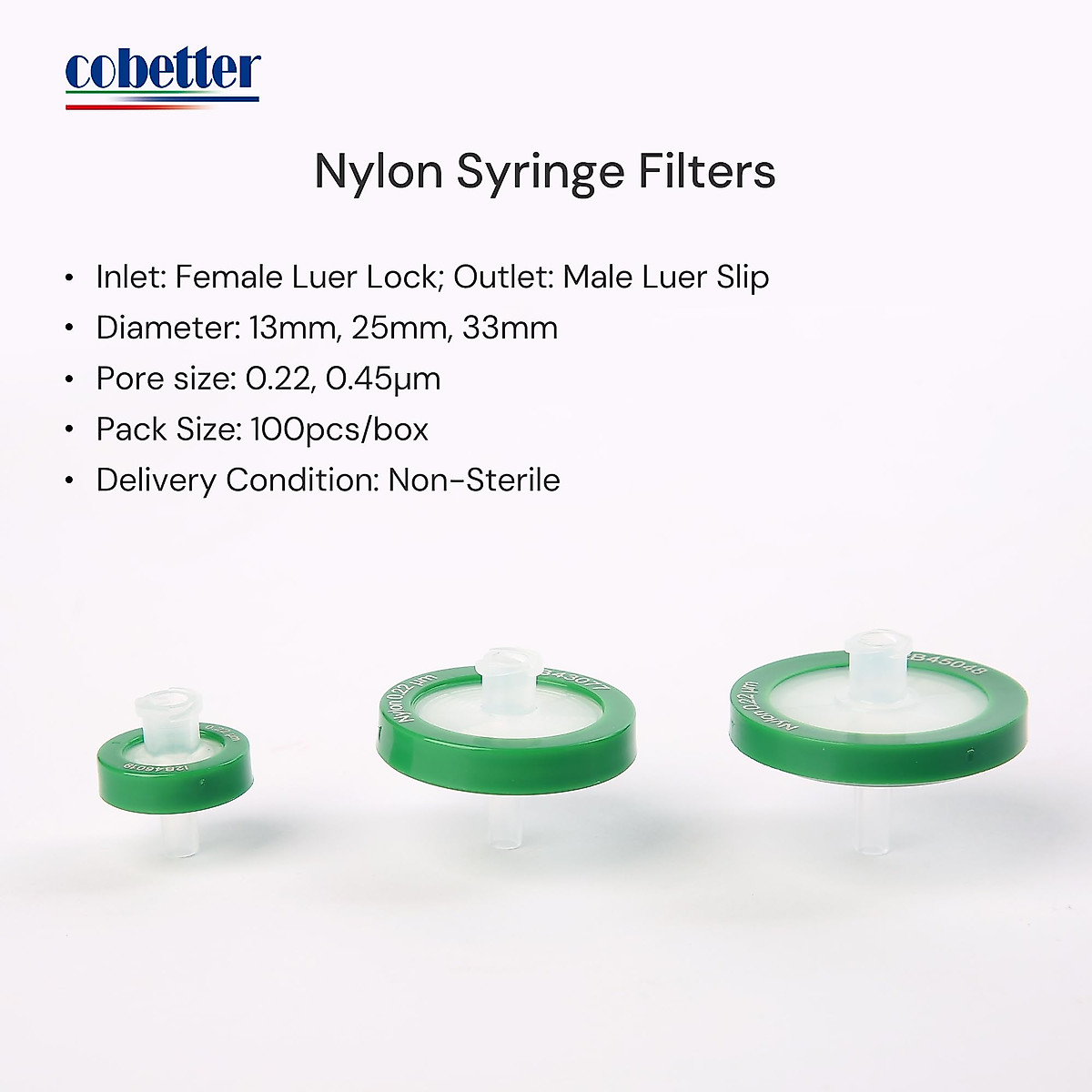 COBETTER 100 Pack Syringe Filter Nylon Lab Filters 0.22μm Pore Size 25mm Diameter Hydrophilic Filtration Non-sterile Green