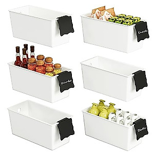 Plastic Storage Bins 6 Pack with Clip Labels & Chalk Marker, Front Handle Design, 11"x5" Pantry Organization and Storage Open Top Baskets for Shelves Closet Cabinet Sink Counter Cupboard Drawer Rridge