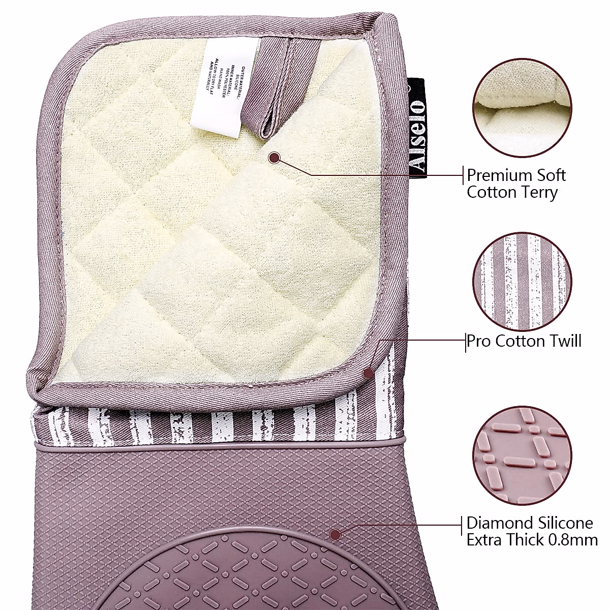 Alselo Silicone Oven Mitts Heat Resistant 932℉ with Waterproof & Non-Slip Kitchen Mittens, Set of 2 Extra Long Oven Gloves with Soft Cotton Terry Lining for Baking Cooking Barbecue(2, Purple Mitts)