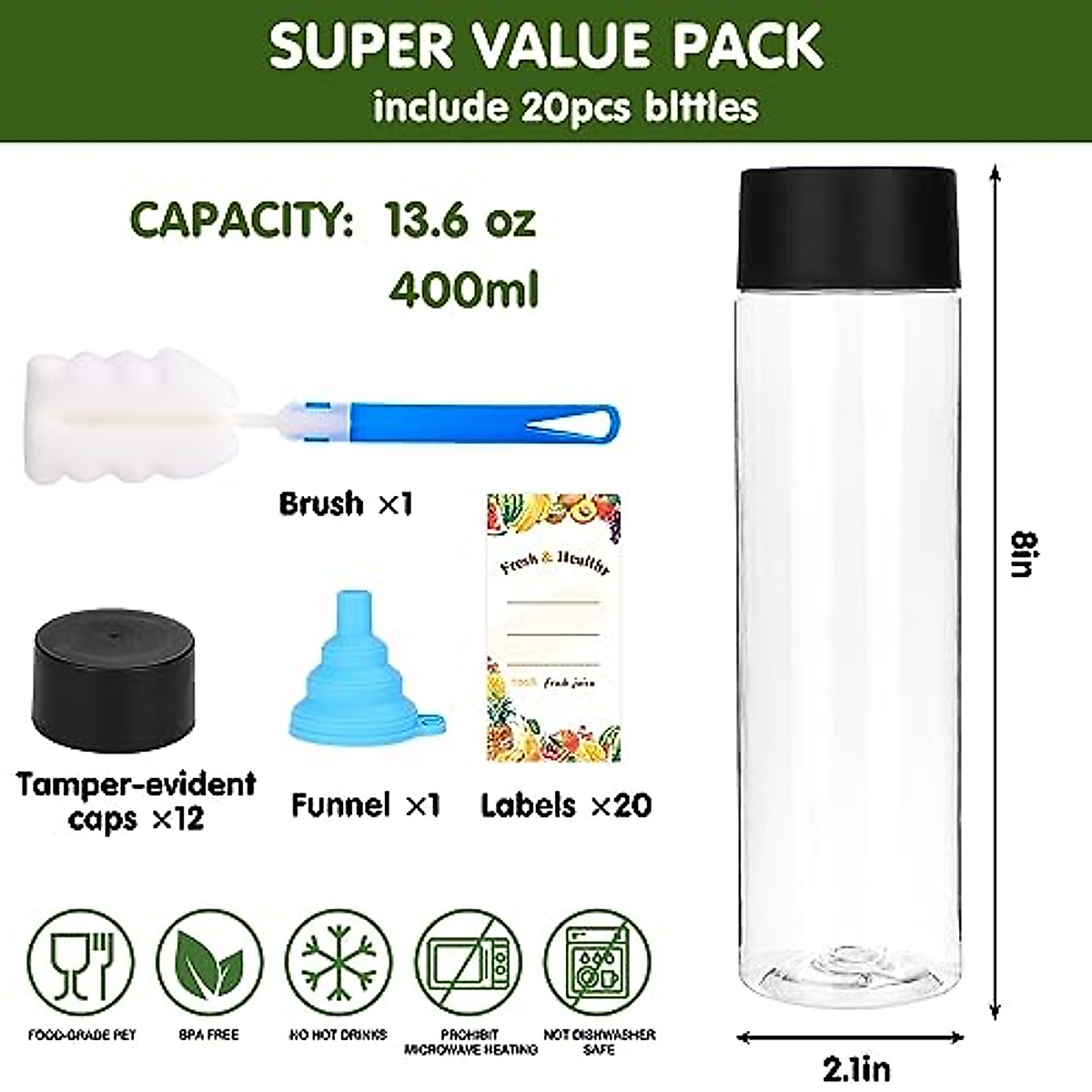 Moretoes 20pcs 13.6oz Reusable Juice Bottles, Plastic Juice Bottles with Lids for Drinks, Milk Smoothie Tea and Other Beverages