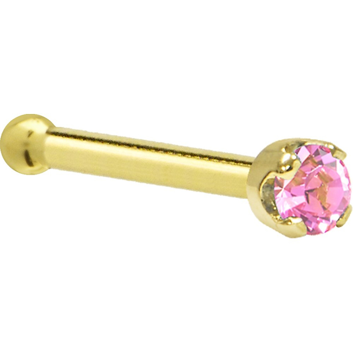 Solid 14k Yellow Gold 2mm Pink Cubic Zirconia Nose Stud Bone 18 Gauge 1/4"