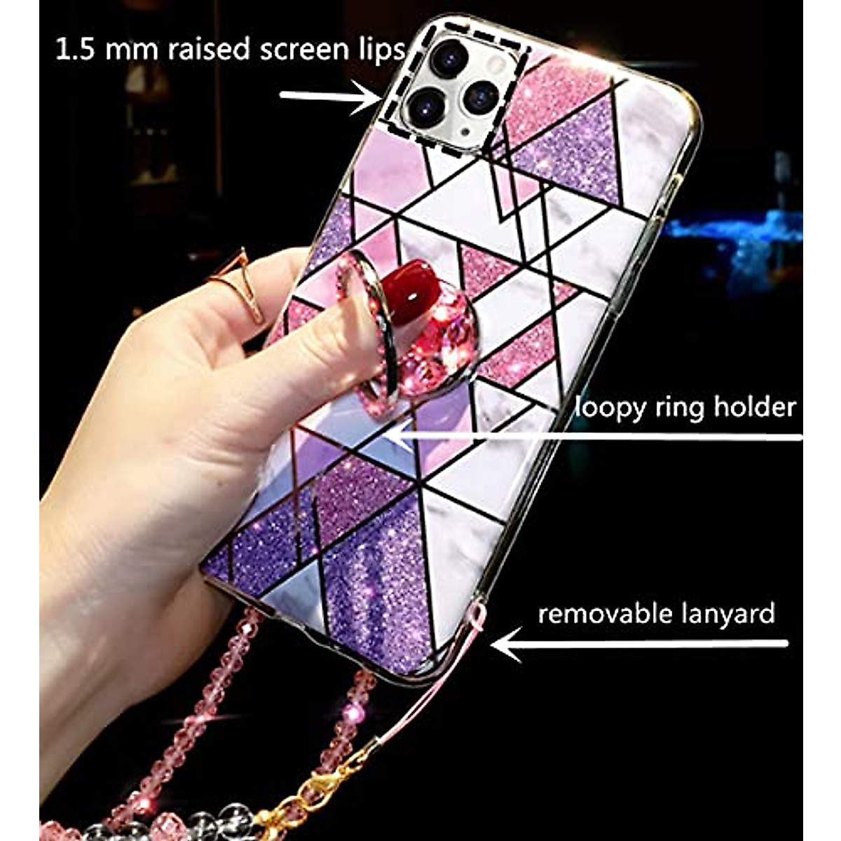 Aulzaju for iPhone 12 Pro Max Girly Case with Ring Stand Luxury Bling Diamond Hard PC Back Rugged Marble Design Cute Glitter Rhinestone Geometric Bumper Cover with Bead Lanyard for Women 6.7'' Pink