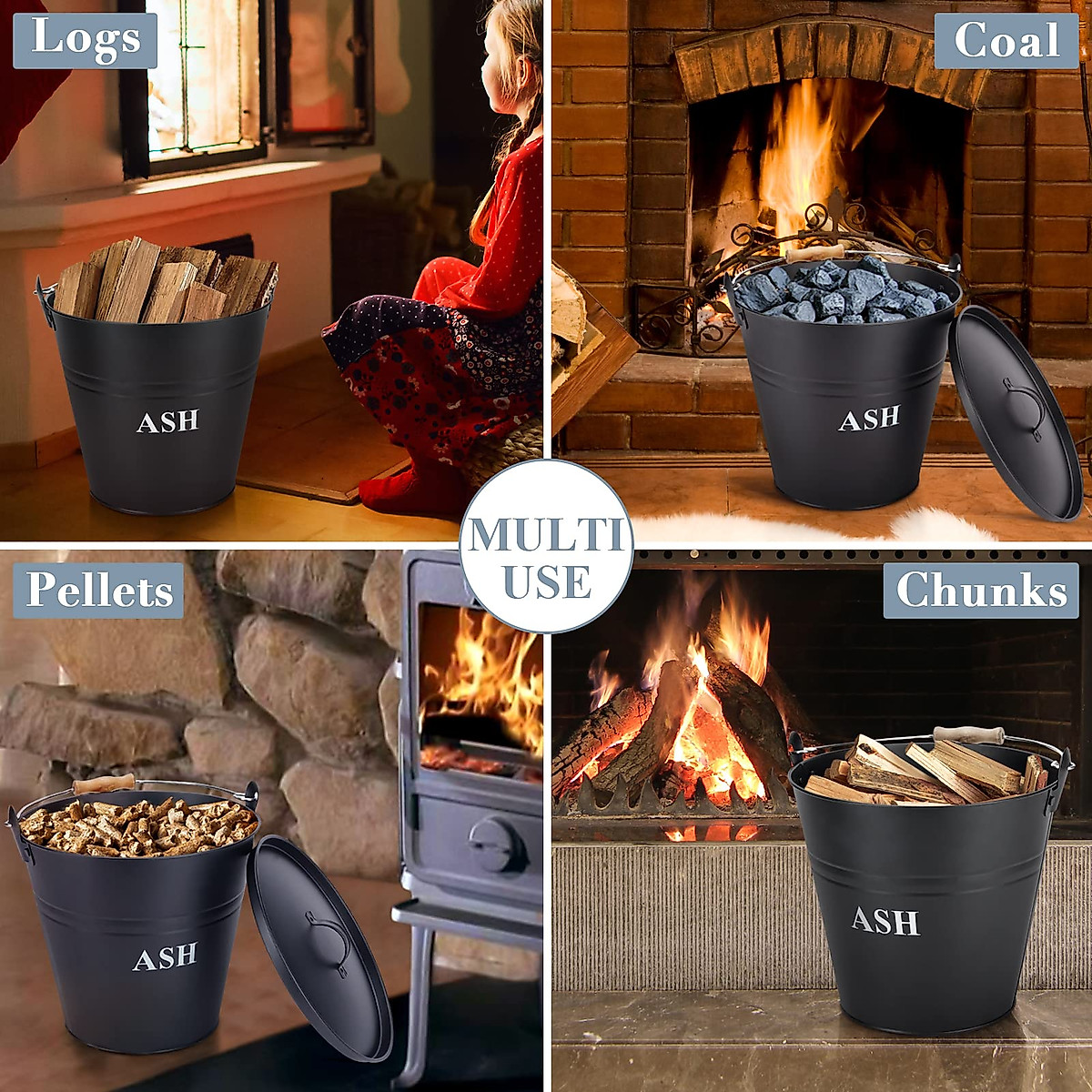 Ash Bucket with Lid and Handle, Galvanized Iron Ash Pail for Fireplace, Fire Pits and Wood Burning Stoves