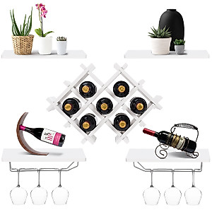 Giantex Wine Rack Wall Mounted Set of 5, Wood Wall Wine Shelf Racks with Glass Holder and Stemware Hanger, Hanging Wine Rack, Wine Storage Display Shelf for Home Bar Kitchen, White